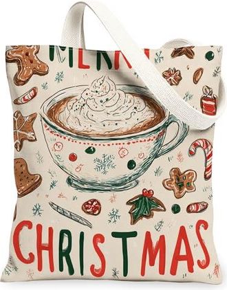 Generic Sacs fourre-tout en toile avec motif collations de No&euml;l, sacs r&eacute;utilisables, vintage l&eacute;gers et lavables avec bandouli&egrave;re pour Tr, cr&egrave;me, 13x15 Inch