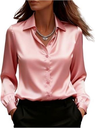 Generic Chemisier Femme Satin Soie Col en V Chemises Chic et &eacute;l&eacute;gant Manches Longues Hauts Chemise Ample &agrave; Manche Longue pour Le Travail et Le Bureau Taille 3