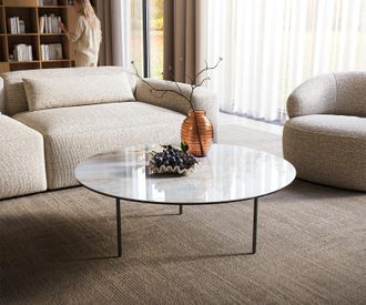DELIFE Couchtisch Edge Rund 100x100 cm Keramik Onyx Pearl Trive Metall Schwarz, Couchtische