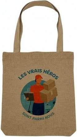 Fabulous Sac Shopping Tote Bag Aspect Lin - Les Vrais H&eacute;ros - Livreur M&eacute;tier Sac de Courses Toile Epaisse 360g Beige Naturel Cabas Port&eacute; Epaule Solide Imprim&eacute; 