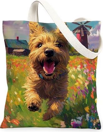 Generic Sac fourre-tout en toile motif chien cairn terrier printanier 33 x 38,1 cm, sac d&eacute;picerie r&eacute;utilisable pour femme, motif floral amusant pour animaux d