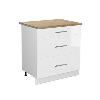 Vicco Meuble Cuisine Fame-Line, Blanc Haute Brillance/Blanc, 80 cm avec 3 tiroirs, PT Chêne