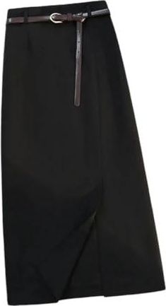 Generic Jupe mi-longue droite fendue pour femme - Taille haute - Vintage, Noir, L