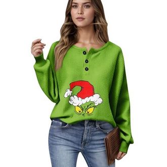 Generic Le Grinch Tshirt Noel Femme Pulls Pull Costume Polaire Femmes Vetement The Grinch Oversize 2025 Noël Sweatshirts Pyjama Col V Vêtements Chaud Hiver Sw