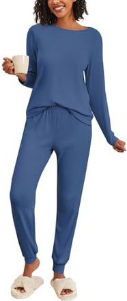 Ekouaer Ensemble de Pyjama pour Femmes Longues Deux Pi&egrave;ces C&ocirc;tes Sexy Chic Col Rond Lounge Set Bleu Marine M
