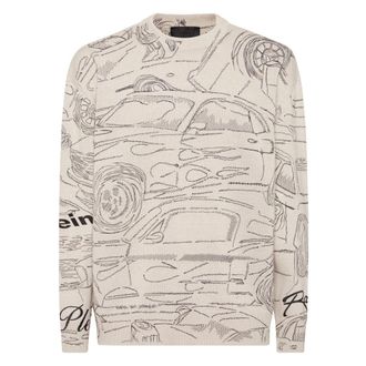 Philipp Plein Knitted Pullover Round Neck LS Cars Racing - - Knitwear - Herren - Beige - 4XL