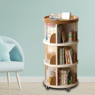 Generic Bücherregal, Bücherregal, 3 Ebenen, drehbar, 360° drehbar, kleines Eck-Bücherregal mit Rollen, Aufbewahrungsregal für Kinder, Braun