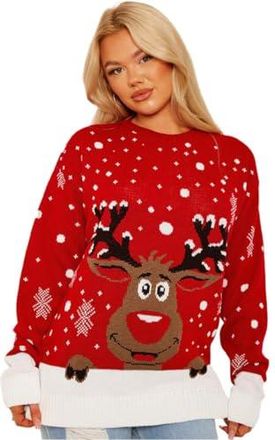 Janisramone Pull de No&euml;l fantaisie pour femme, pull de No&euml;l tricot&eacute; avec renne, manches longues, col rond, Rudolphe, pull de No&euml;l amusant pour femme, 52-54 Grande