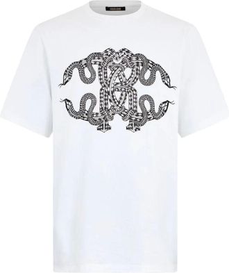 Roberto Cavalli Homme, Tops, Blanc, Taille: 2XL T-shirt en coton &agrave; imprim&eacute; serpent