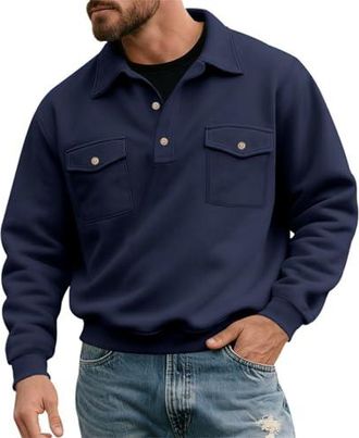 Generic Sweatshirt pour homme en flanelle boutonnée à manches longues rétro overshirt décontracté col épais travail tops avec manches longues sweat-shirt déco