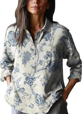 Generico Chemise Femme &Eacute;l&eacute;gant &agrave; Manches Longues Chemises en Lin Coton Curvy Grande Taille T Shirt Col en V Doux Blouse Vintage Imprim&eacute; avec Boutons Classique 