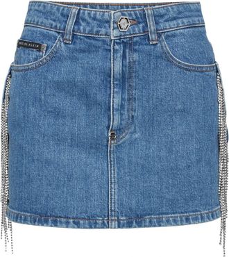 Philipp Plein Femme, Jupes, Bleu, Taille: 40 FR Mini-jupe en jean &agrave; franges de cristal