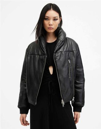 AllSaints Lauren - Pufferjacke aus Leder in Schwarz