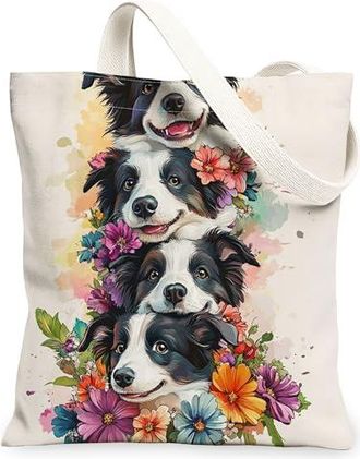 Generic Sac fourre-tout en toile motif chien border collie printanier 33 x 38,1 cm, sac d&eacute;picerie r&eacute;utilisable &agrave; motif floral amusant pour femme, peinture dan