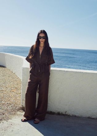 Mango Leinenbluse mit G&uuml;rtel braun - Damen - S - MANGO