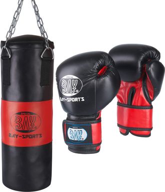 Bay Boxset für Kinder und Jugendliche mit Boxsack 85 cm x 25 cm, 9 kg Gefüllt, Stahlkette und PU-Leder Boxhandschuhe, Schwarz/Rot, S/M