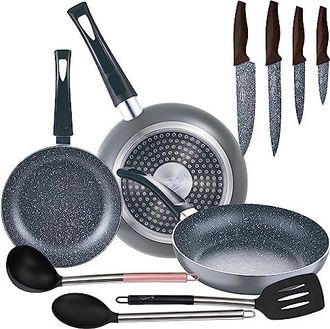 San Ignacio 3-teiliges Pfannen-Set (16 + 20 + 24 cm) aus gepresstem Aluminium, Induktion, schwarz Soul Marble mit 3 Küchenutensilien-Set aus Nylon mit 4 Messern a