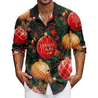 Generic DENGJIAMY Chemises de Noël boutonnées pour homme - Imprimé fantaisie - Chemisier de Noël moche - Manches longues - Col décontracté, Rouge, XXL