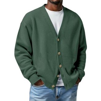 Generic Cardigan textur&eacute; gaufr&eacute; pour homme, manches longues, col en V, ouvert sur le devant, l&eacute;ger et boutonn&eacute;, Vert, 5XL