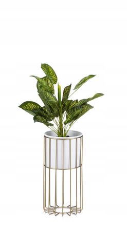 HowHomely Moderne Blumenst&auml;nder Metall 42 cm Hoch mit Wei&szlig; Blumentopf Rund 19 cm &Oslash; auf Robuste Gold St&auml;nder - Pflanzenst&auml;nder zur Dekoration Innenr&auml;umen