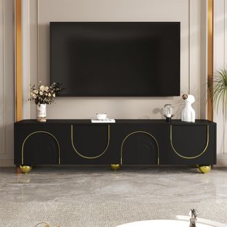 Generic TV-Schrank Lowboard mit strukturierten T&uuml;ren, goldenen Verzierungen und runden goldenen Beinen, 170 x 38 x 44 cm, Push-to-Open, verstellbare Einlegeb&ouml;