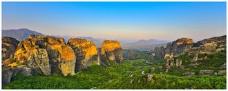 Wallario Glasbild Griechische Berglandschaft - 50 x 125 cm Wandbilder Glas in Premium-Qualit&auml;t: Brillante Farben, freischwebende Optik