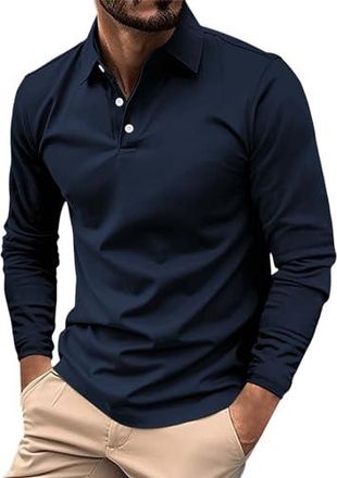 Generic Polo pour homme &agrave; manches longues et col basculant - Coupe droite - T-shirt Henley &agrave; bouton 1/4 - Couleur unie - D&eacute;contract&eacute; - Pour tous les jours, le