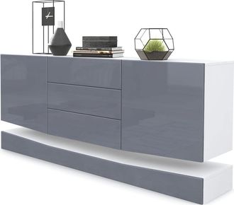 Vladon Sideboard City, Made in Germany, Weiß matt/Grau Hochglanz - Moderne Kommode für Ihr Wohnbereich (178 x 72 x 38 cm)