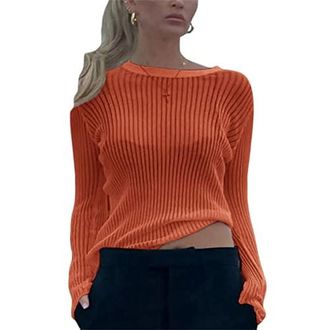 Onsoyours T-Shirt Femme Mesh Blouse Sexy Transparente Tops Moulant &agrave; Manches Longues Clubwear Haut Col Rond Serr&eacute;e Elastique Fishnet Tee Shirt G Orange L