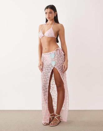 South Beach Jupe longue &agrave; sequins avec coquillages appliqu&eacute;s - Rose pastel