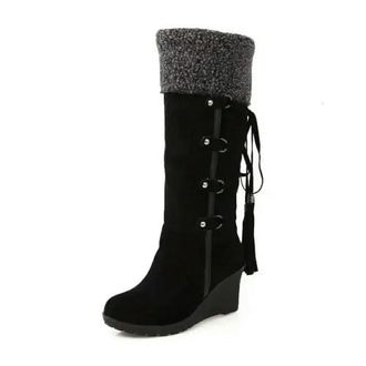 Generic JJDFW Bottes dhiver pour femme en coton chaud froid hiver genou haut talon compens&eacute; bottes grande taille, Noir, 42 1/3 EU