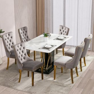 Generic Esszimmerstuhl-Set Aus Leder - Stühle Mit Hoher Rückenlehne, Knopfheftung Und Beinen Aus Massivholz(Gold-Grey,8)