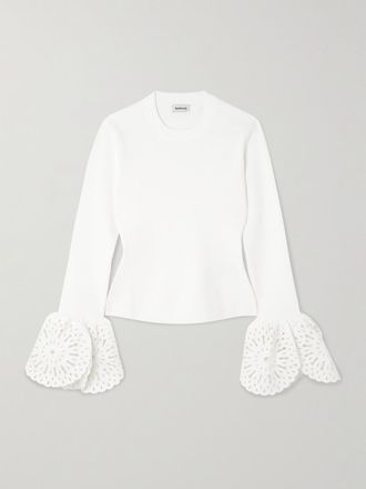 SIMKHAI Elyse Oberteil Aus Rippstrick Mit Guipure-spitzenbes&auml;tzen Und Wellenkanten - Wei&szlig;