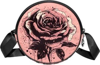 Generic Sac &agrave; bandouli&egrave;re Circle pour femme, petit sac &agrave; bandouli&egrave;re rose noire avec fermeture &eacute;clair, bretelles r&eacute;glables, sac &agrave; main rond d&eacute;contract&eacute; pour f