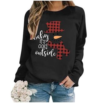 Generic Sweat-shirt surdimensionné à manches longues et col rond pour femme avec imprimé bonhomme de neige, Noir, L