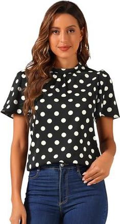 Allegra K Femmes Haut Manches Évasées Court Manches Évasées Col Montant Pois Noir L