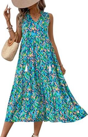 Jamron Femme Été Robe de Plage Bohème sans Manches à Col en V Robe Fluide Longue Décontractée à Imprimé Floral Turquoise M