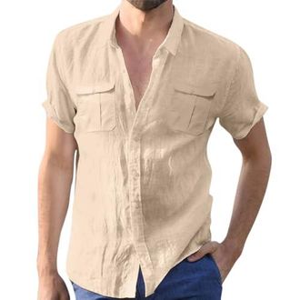 Generic Chemise en lin pour hommes &agrave; manches courtes : chemise d&eacute;t&eacute; boutonn&eacute;e chemise de plage avec poche poitrine chemises d&eacute;contract&eacute;es chemise sup&eacute;rieure r