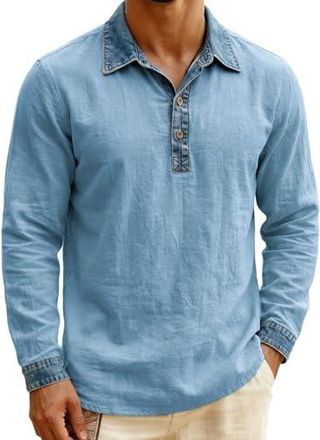 Generic Polo patchwork &agrave; manches longues Henley pour homme - Col en jean - Manches longues - Col boutonn&eacute; - Solide - Ample - Patchwork - Chemises d&eacute;contract&eacute;e