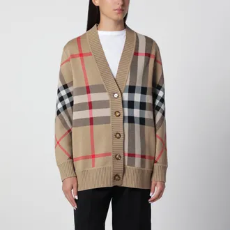 Burberry Cardigan in Beige mit Check-Muster aus Wollmischung
