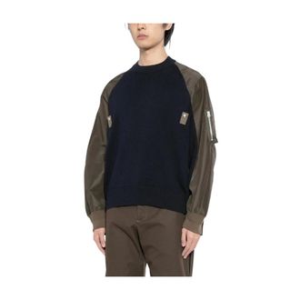 sacai Homme, Sweatshirts et sweats &agrave; capuche, Multicolore, Taille: XS Pull Ras du Cou avec Poche Zipp&eacute;e sur la Manche