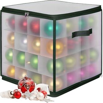 Relaxdays Weihnachtskugel Aufbewahrungsbox, 64 Kugeln, HxBxT: 36x36x36 cm, Kunststoff, Pappe, Kugelbox, transparent/grün