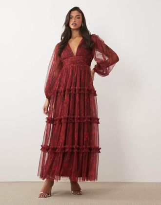 Lace & Beads Robe longue en tulle transparent avec manches ballon et d&eacute;collet&eacute; plongeant - Nouveaux imprim&eacute;s fleuris &eacute;tag&eacute;s-Multi