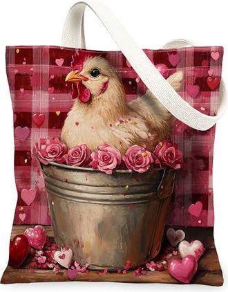 Generic Sac fourre-tout en toile avec motif poules pour faire du shopping, 33 x 38,1 cm, sac d&eacute;picerie r&eacute;utilisable pour la Saint-Valentin, sac d&eacute;picerie pour