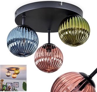 HOFSTEIN Deckenleuchte Chehalis, 3-flammige Deckenlampe aus Metall/Riffelglas in Schwarz/Blau/Gr&uuml;n/Kupfer, Leuchte im Retro/Vintage-Design (Schirme &Oslash; 12 cm), G