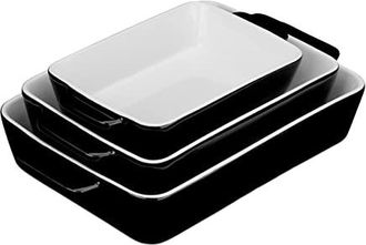 Relaxdays Auflaufform Set, 3 Größen, eckig, Keramik, spülmaschinenfest, Ofenform, für Lasagne und Gratins, schwarz/weiß, 6 x 33 x 20 cm