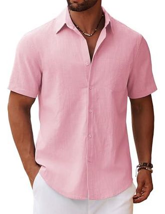 Coofandy Chemisette pour Homme Manche Courte Chemise &Eacute;t&eacute; Chemise en Coton avec Poche Vetement Ete Coupe D&eacute;contract&eacute;e de Plage Rose 3XL