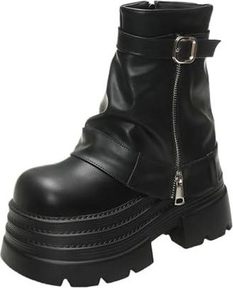 Generic Punk Femmes Automne Hiver Cuir Bottines 10CM Talons Chunky Plateforme Combat Bottes Antid&eacute;rapantes Chaussures de Moto Femme Punk Bottes, Noir, 37 1/3 