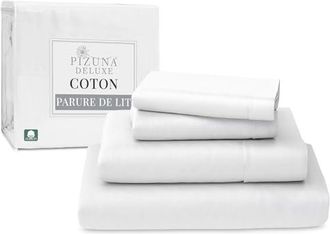 Pizuna 100% Coton Parure de Lit 140x200 cm Blanc, Tissu de Satin de Coton à 600 Fils au Pouce carré Comprend 1 Drap Housse, 1 Drap Plat, 2 Taie doreiller (Co