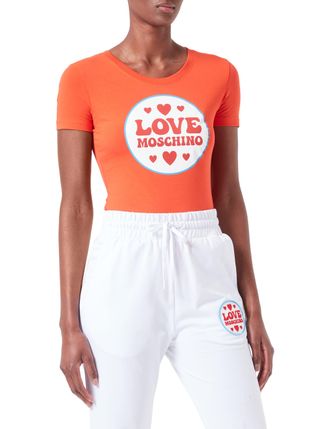 Love Moschino Womens Stretch Cotton Jersey with Logo Patch Print T-Shirt, ORANGE, 40